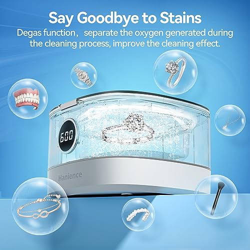 Hanience Ultrasonic Cleaner, 750ml Jewelry Cleaner Machine with Touch Control and Degas Mode, 46kHz Sonic Cleaner for Jewelry, Ring, Silver, Dentures, Eyeglasses and Watches