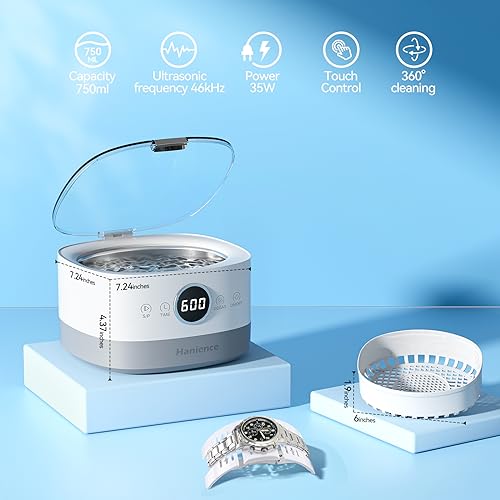 Hanience Ultrasonic Cleaner, 750ml Jewelry Cleaner Machine with Touch Control and Degas Mode, 46kHz Sonic Cleaner for Jewelry, Ring, Silver, Dentures, Eyeglasses and Watches