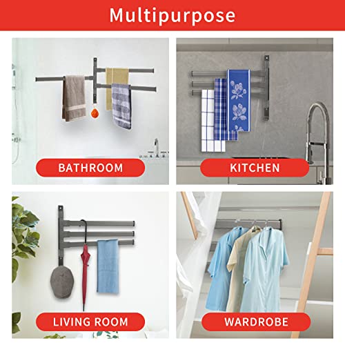 Swivel Hand Towel Rack, Rustproof Towel Bar with 3 Arms Swinging Out 180° Rotation, Space Saving Towel Rack Wall Mounted with Hook for Bathroom, Kitchen BUWILRQ (Gun Grey)