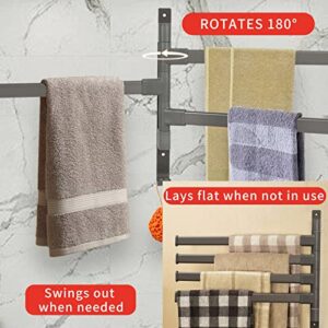 Swivel Hand Towel Rack, Rustproof Towel Bar with 3 Arms Swinging Out 180° Rotation, Space Saving Towel Rack Wall Mounted with Hook for Bathroom, Kitchen BUWILRQ (Gun Grey)