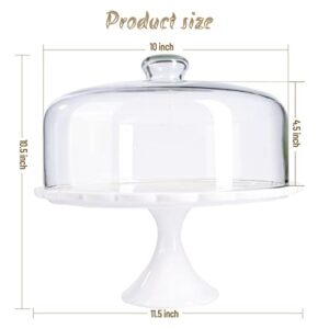 11 Inch Porcelain Cake Stand with 10 Inch Glass Dome Cover, ANMEISH White Ceramic Cake Stand with Lid