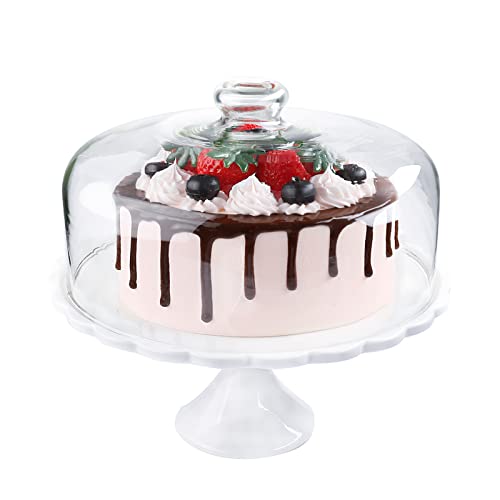 11 Inch Porcelain Cake Stand with 10 Inch Glass Dome Cover, ANMEISH White Ceramic Cake Stand with Lid