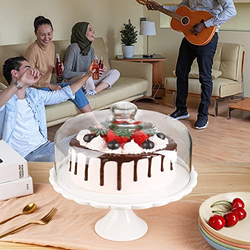 11 Inch Porcelain Cake Stand with 10 Inch Glass Dome Cover, ANMEISH White Ceramic Cake Stand with Lid