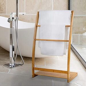 3 tier bamboo towel rack with storage shelf for bathroom, free-standing beach towel holder for hand, bath and pool towel for bathroom storage