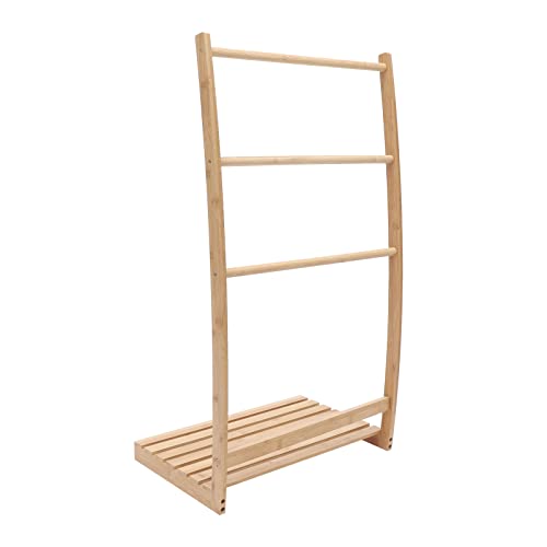 3 Tier Bamboo Towel Rack with Storage Shelf for Bathroom, Free-Standing Beach Towel Holder for Hand, Bath and Pool Towel for Bathroom Storage