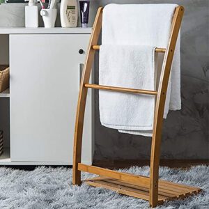 3 Tier Bamboo Towel Rack with Storage Shelf for Bathroom, Free-Standing Beach Towel Holder for Hand, Bath and Pool Towel for Bathroom Storage