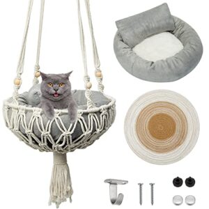 juexica 3 pcs macrame cat hammock, including boho hanging cat bed cat scratcher cat scratch pad cat swing hanging cat window perch for cat small dog sleeping playing climbing