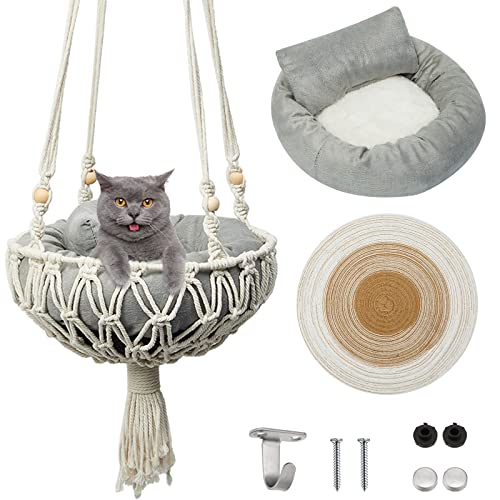 Juexica 3 Pcs Macrame Cat Hammock, Including Boho Hanging Cat Bed Cat Scratcher Cat Scratch Pad Cat Swing Hanging cat Window Perch for Cat Small Dog Sleeping Playing Climbing