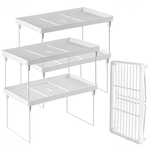 NiHome 4-Pack Stackable Plastic Kitchen Storage Shelf Foldable Rack - White Kitchen Cabinet Organizer and Storage Shelves Stackable Expandable Storage Racks for Counter Cabinet Pantry