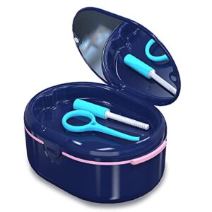 dentures case, denture bath case cup box double layer dry and wet separation portable false teeth container, denture cup with lid for cleaning household office travel(blue)