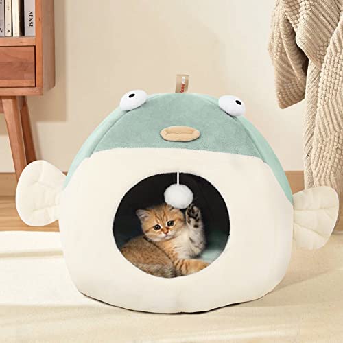 Vanansa Cat Bed for Indoor Cats, Large Covered Cat Bed with Anti-Scratch Lining, Ultra Soft Cat Hideaway, Cute Cat House with Hanging Toy, Pet Bed for Large Cats, Puppy Dog 9-13LB (Green L, 18" x 15")