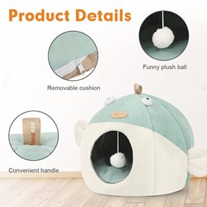 Vanansa Cat Bed for Indoor Cats, Large Covered Cat Bed with Anti-Scratch Lining, Ultra Soft Cat Hideaway, Cute Cat House with Hanging Toy, Pet Bed for Large Cats, Puppy Dog 9-13LB (Green L, 18" x 15")