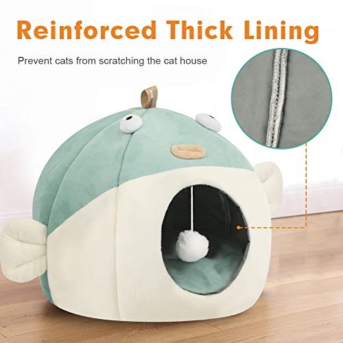 Vanansa Cat Bed for Indoor Cats, Large Covered Cat Bed with Anti-Scratch Lining, Ultra Soft Cat Hideaway, Cute Cat House with Hanging Toy, Pet Bed for Large Cats, Puppy Dog 9-13LB (Green L, 18" x 15")