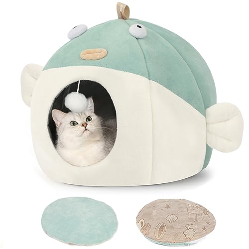 Vanansa Cat Bed for Indoor Cats, Large Covered Cat Bed with Anti-Scratch Lining, Ultra Soft Cat Hideaway, Cute Cat House with Hanging Toy, Pet Bed for Large Cats, Puppy Dog 9-13LB (Green L, 18" x 15")