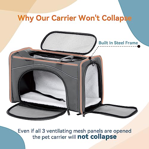 Petsfit Two-Way Placement Dog Carrier Cat Carrier, 19"x 12"x 9" Soft-Sided Airline Pet Carrier for Kittens, Puppies up to 15 Lbs, Gray