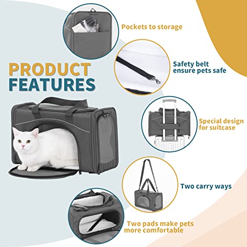 Petsfit Two-Way Placement Dog Carrier Cat Carrier, 19"x 12"x 9" Soft-Sided Airline Pet Carrier for Kittens, Puppies up to 15 Lbs, Gray