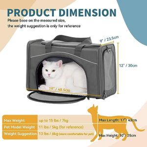 Petsfit Two-Way Placement Dog Carrier Cat Carrier, 19"x 12"x 9" Soft-Sided Airline Pet Carrier for Kittens, Puppies up to 15 Lbs, Gray