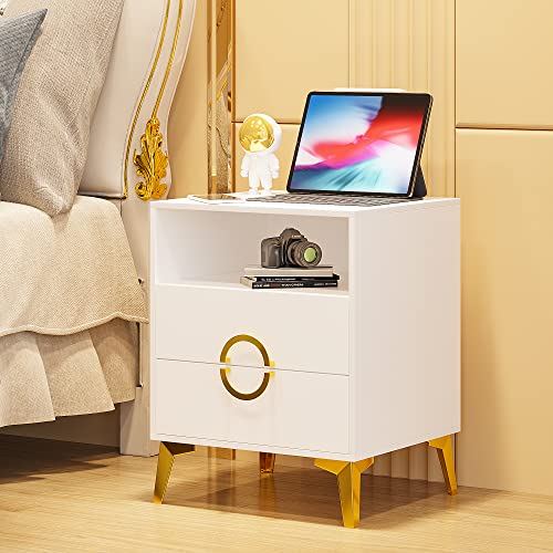 Gurexl Nightstand with 2 Drawers for Bedroom Furniture, Modern End Side Table Side Bed Table with Sliding Drawer & Open Storage