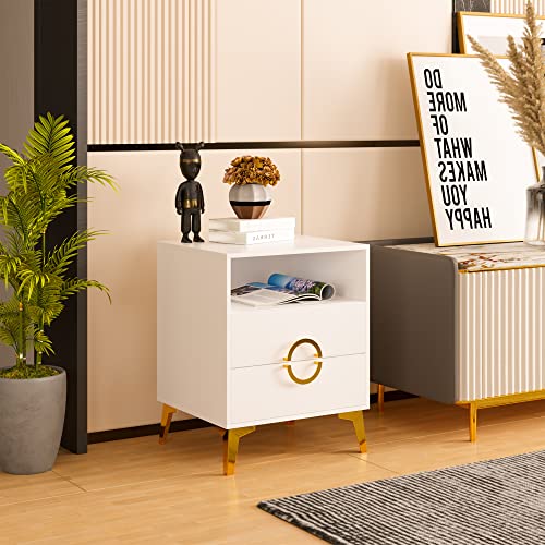 Gurexl Nightstand with 2 Drawers for Bedroom Furniture, Modern End Side Table Side Bed Table with Sliding Drawer & Open Storage