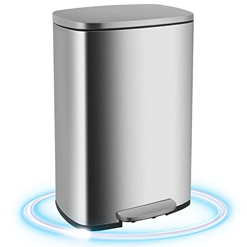 Pazidom 13 Gallon Step Trash Can with Soft Close Lid, 50 Liter Stainless Steel Pedal Garbage Bin with Removable Inner Bucket, Tall Rectangular Trash Bin for Kitchen Office Bedroom, Silver