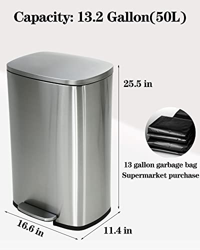 Pazidom 13 Gallon Step Trash Can with Soft Close Lid, 50 Liter Stainless Steel Pedal Garbage Bin with Removable Inner Bucket, Tall Rectangular Trash Bin for Kitchen Office Bedroom, Silver