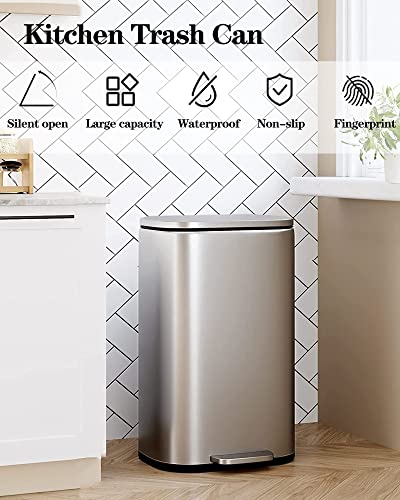 Pazidom 13 Gallon Step Trash Can with Soft Close Lid, 50 Liter Stainless Steel Pedal Garbage Bin with Removable Inner Bucket, Tall Rectangular Trash Bin for Kitchen Office Bedroom, Silver