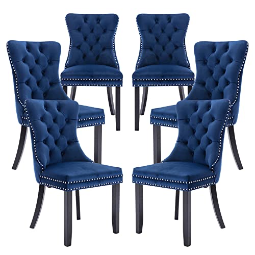 Qtivii Upholstered Dining Chairs Set of 6, Velvet Dining Room Chairs with Button Back, Nailhead Trim, Tufted Dining Chairs for Kitchen, Bedroom, Restaurant (Blue)