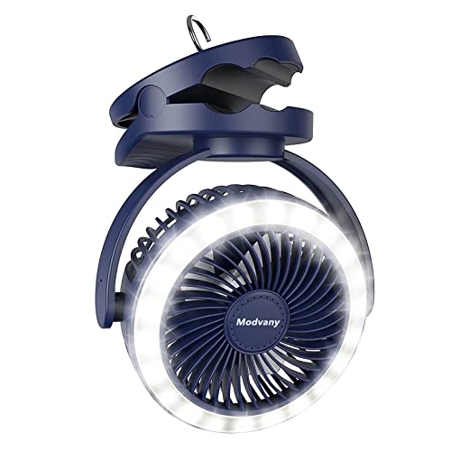 Modvany Clip On Fan Battery Operated Fan w/Hook 3 Speeds 5Inch LED Lights 360° Oscillating for Camping Bed Treadmi