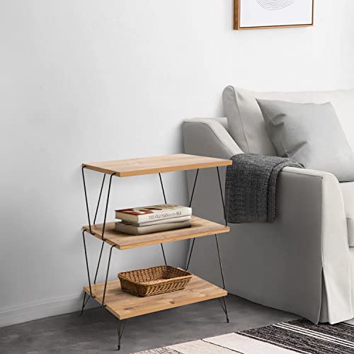 The Urban Port Tup 30-Inch Modern Rectangular 3-Tier Etagere Wood Storage Rack, Metal Frame and Legs, Natural Brown