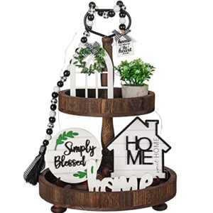 9 pieces farmhouse tiered tray decor set, simply blessed home wooden sign with mini artificial plant for kitchen decor, rustic table ornaments