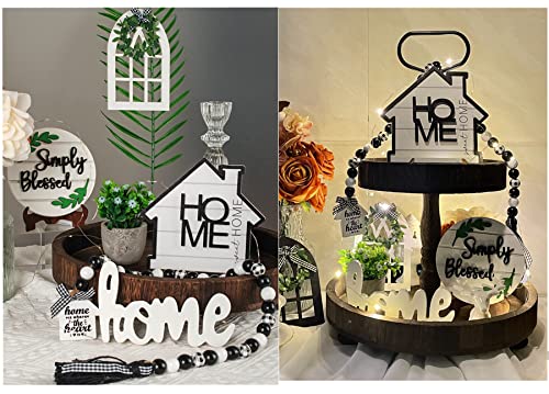 9 Pieces Farmhouse Tiered Tray Decor Set, Simply Blessed Home Wooden Sign with Mini Artificial Plant for Kitchen Decor, Rustic Table Ornaments