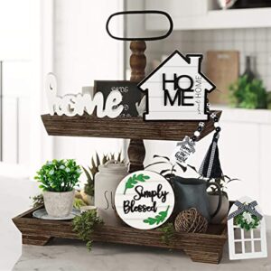 9 Pieces Farmhouse Tiered Tray Decor Set, Simply Blessed Home Wooden Sign with Mini Artificial Plant for Kitchen Decor, Rustic Table Ornaments