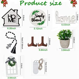 9 Pieces Farmhouse Tiered Tray Decor Set, Simply Blessed Home Wooden Sign with Mini Artificial Plant for Kitchen Decor, Rustic Table Ornaments