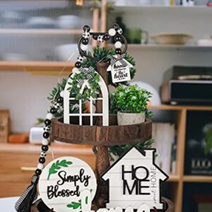 9 Pieces Farmhouse Tiered Tray Decor Set, Simply Blessed Home Wooden Sign with Mini Artificial Plant for Kitchen Decor, Rustic Table Ornaments