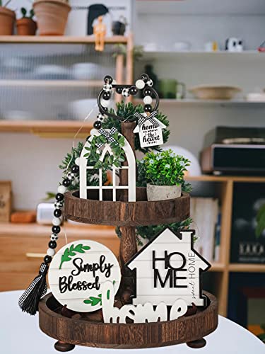 9 Pieces Farmhouse Tiered Tray Decor Set, Simply Blessed Home Wooden Sign with Mini Artificial Plant for Kitchen Decor, Rustic Table Ornaments