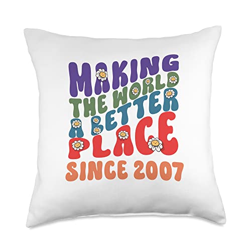 Retro Making the world better 2007 Making The World a Better Place Since 2007 Groovy Text Font Throw Pillow, 18x18, Multicolor