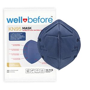 well before kn95 disposable face mask | individually wrapped 5-layer protection mask with adjustable ear loop making it a comfortable face masks - 10 pack. (medium, denim)