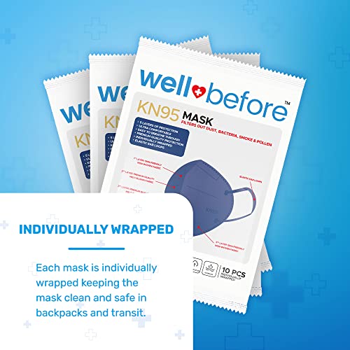 Well Before KN95 Disposable Face Mask | Individually Wrapped 5-layer Protection Mask with Adjustable Ear Loop Making It a Comfortable Face Masks - 10 Pack. (Medium, Denim)