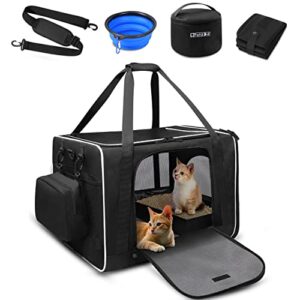 petskd large pet carrier 24"x17"x17" for large cats, pet carrier for 2 cats or medium dog, cat carrier for car travel with litter box and bowl, cat soft carrier with locking safety zipper