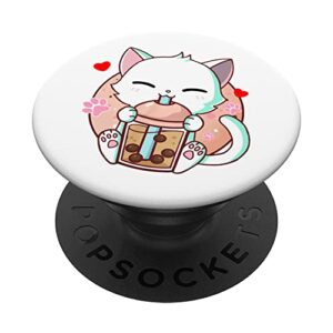 cat boba tea bubble tea kawaii anime japanese neko girl teen popsockets swappable popgrip