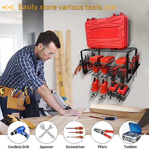 Polgar's Power Tool Organizer With Charging Station,Drill Holder Wall Mount,Garage Storage Shelves for Organization and Storage,Heavy Duty Pegboard Wall Organizer Set Solid Metal Black