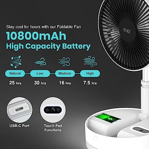 ENPI Foldable Travel Fan with Remote, 10800 mAh Battery Operated - Portable, Quiet & Rechargeable Standing Fan for Bedroom, Office & Outdoor - Oscillating, Table & Floor Fans (8 Inch)