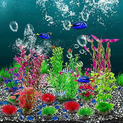 Ismosm Aquarium Plants 14 Pack Betta Fish Tank Accessories Plus Aquarium Gravel for Aquarium Decor Fish Tank Decor (C Set)