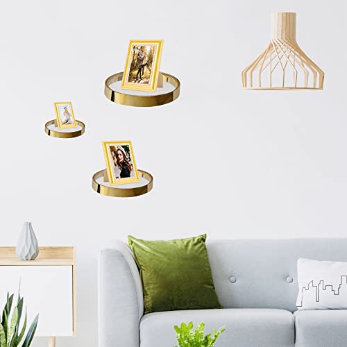 YOLS Small Floating Shelf. Round Gold Metal Frame with Clear Acrylic. 3 Piece Set, Large 7.75, Medium 5.88, Small 3.75 inches.