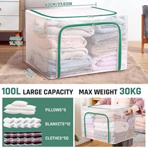 GARPROVM Large & Clear Clothes Storage Bags Totes Organizer, 3-Pack Blanket Comforter Clothing Storage Bags for Organizing Bedroom, Closet with Lid, Front Opening, Zipper and Handles Waterproof 100L