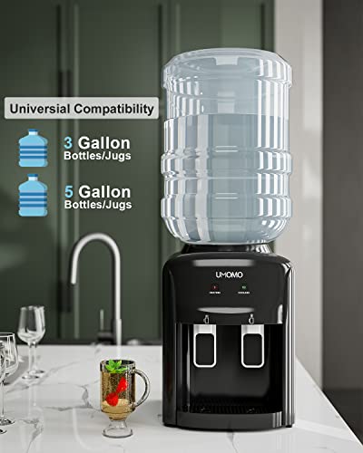 UMOMO Top Loading Water Cooler Dispenser, Countertop, Holds 3 or 5 Gallon, Hot & Cold, for Home and Office Use, Black(Water Bottle NOT Included)