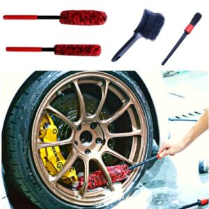 wheel brushes for cleaning wheels (4 pro pack)- 2x soft wheel cleaning woolies brush, detailing brush and stiff tire brush, scratch free durable car wheel rim brush kit for car rim and tire detailing