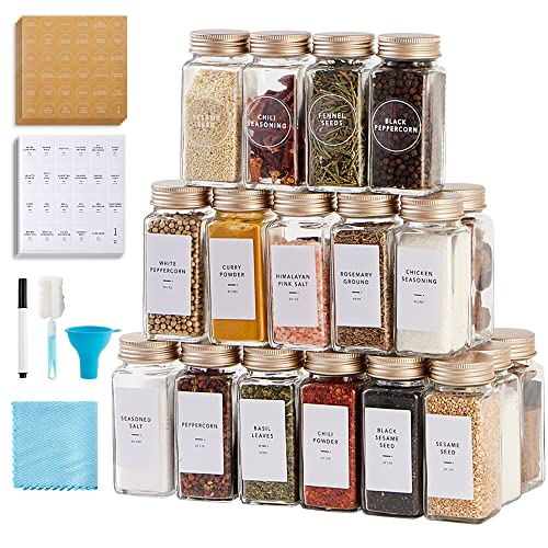 Skiileor 25 Pcs Spice Jars with Label- Glass Spice Jars with Gold Metal Caps,Shaker Lids, Funnel, Chalk Pen, Brush,Cleaning Cloth 4oz Seasoning Containers Bottles for Spice Rack, Cabinet, Drawer