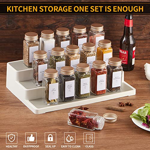 Skiileor 25 Pcs Spice Jars with Label- Glass Spice Jars with Gold Metal Caps,Shaker Lids, Funnel, Chalk Pen, Brush,Cleaning Cloth 4oz Seasoning Containers Bottles for Spice Rack, Cabinet, Drawer