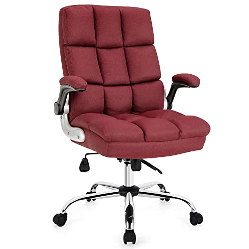 POWERSTONE Ergonomic Office Chair Big and Tall High-Back Executive Computer Desk Chair Upholstered Comfortable Swivel Home Office Chair with Flip-up Armrest Adjustable Tilt Angle 300 LBS (WineRed)